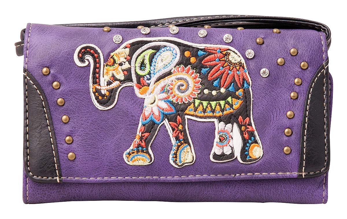HW Collection Large Elephant Purse Women Embroidered Western Handbag and Wallet Set (Purple)