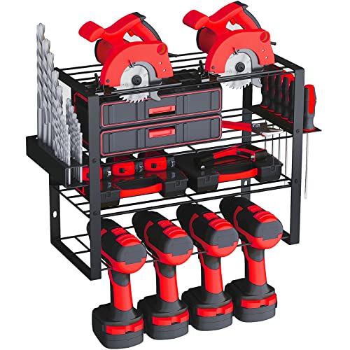 EAXCK Power Tool Organizer, Garage Tool Storage, Drill Holder Wall Mount, Heavy Duty Metal Tool Shelf Cordless Drill Workshop Rack 4 Layers with Screwdriver Holder, Father's Gift