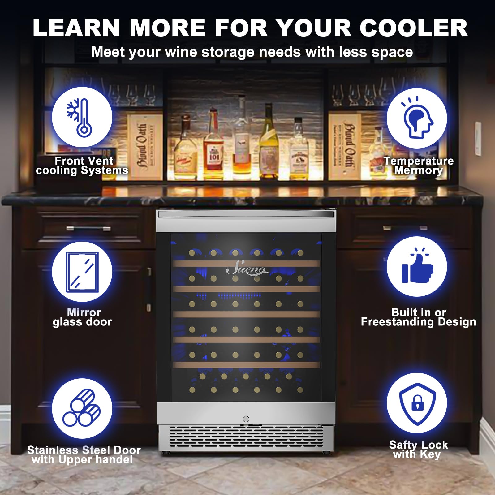 SUENO 24" 53 Bottles &154 Cans Mini Beverage Fridge Wine Cooler Built-In/Freestanding Refrigerator 34F-64F Digital Control w/Lock Large Capacity