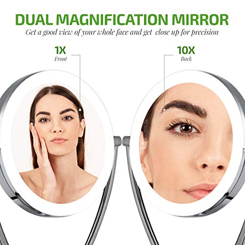 Ovente 8" Lighted Tabletop Makeup Mirror with 1X/10X Magnification, Double-Sided Magnifying Vanity Mirror, Dimmable LED Lights, 360° Swivel Design and Dual Power Supply, Polished Chrome MLT75CH1X10X