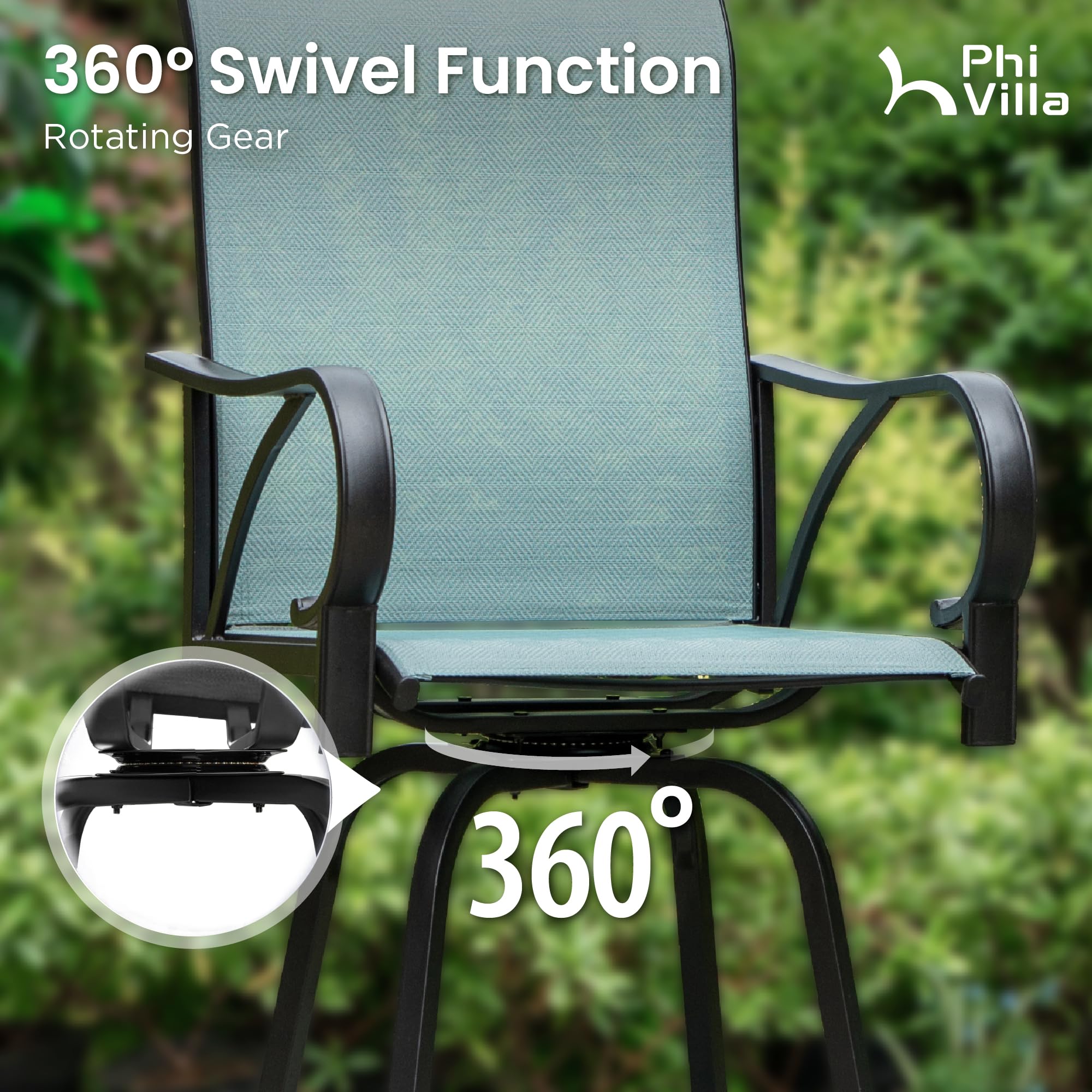 PHI VILLA Outdoor Bar Stools Set of 2, Swivel Patio Bar Stools & Chairs with Armrest, All-Weather High Top Outdoor Bar Chairs for Outside, Porch and Deck