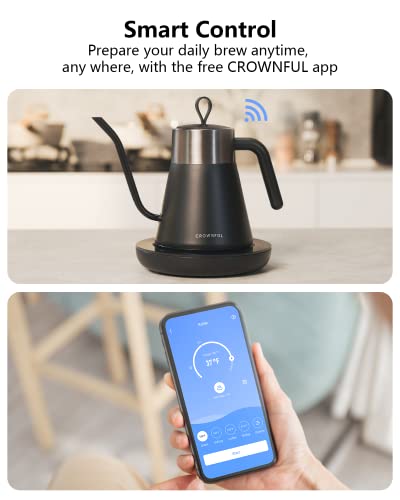 CROWNFUL Smart Electric Gooseneck Kettle with 4 Variable Presets, ±1℉ Temperature Control, 0.8L Capacity, 1200W Quick Heating, 100% Stainless Steel, Pour Over Coffee Kettle, Alexa Control