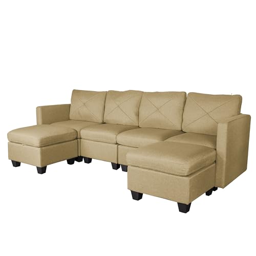 Casa Andrea Milano Modular Sectional Sofa, Linen Fabric Convertible U Shaped Couch with Storage, 6 Seat Modular Sectionals Sofa Couch with Chaise for Living Room