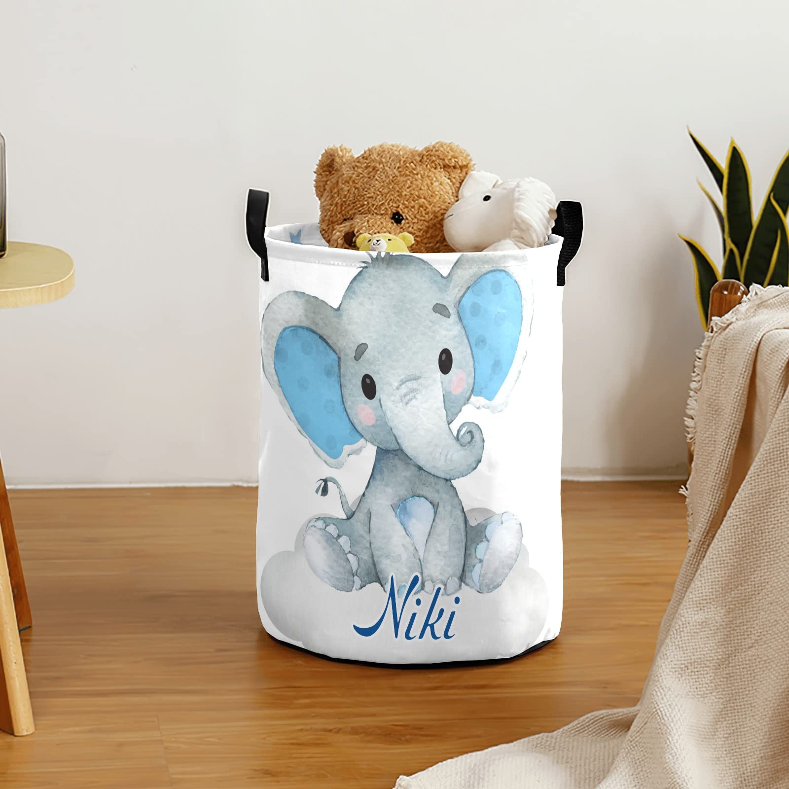 BigBigift Baby Elephant Blue Stras Laundry Hamper Personalized with Name Canvas Waterproof Storage Bin with Handle for Kids Nursery Hamper Gift Baskets Home Organizer, 19.6x14 inch (HxD)