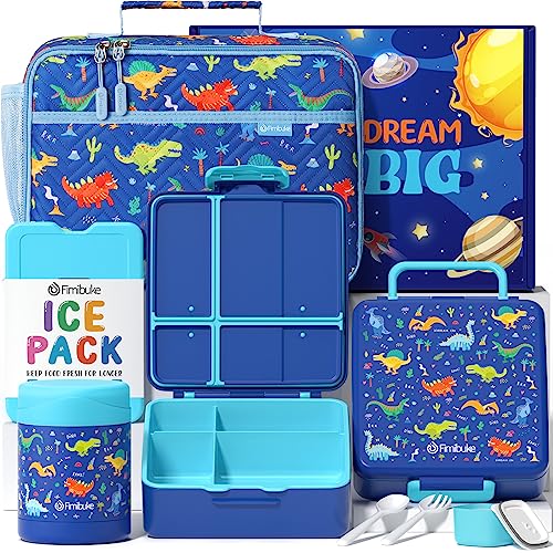 Fimibuke Kids Bento Lunch Box with 4 Compartments, Insulated lunch Bag, Stainless Steel Vacuum Thermos Food Jar, Ice Pack & Utensils Set, Birthday Gifts for Aged 3-12 Back to School Toddler Girls Boys