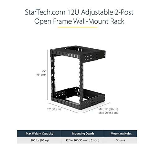 StarTech.com 2-Post 12U Heavy-Duty Wall Mount Network Rack, 19" Open Frame Server Rack with Adjustable Depth, Wall Mount Data Rack for IT / AV / Patch Panel / Computer Equipment (RK12WALLOA)