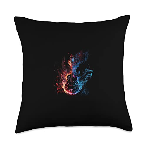 Cool Fire Electric Guitar Band Music Gift Guitarist Flames Electric Guitar Musician Retro Guita Throw Pillow, 18x18, Multicolor
