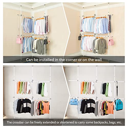 Double Clothing Rack, Adjustable Racks for Hanging Clothes, 2 Tier Clothes Heavy Duty Garment White Closet Freestanding System