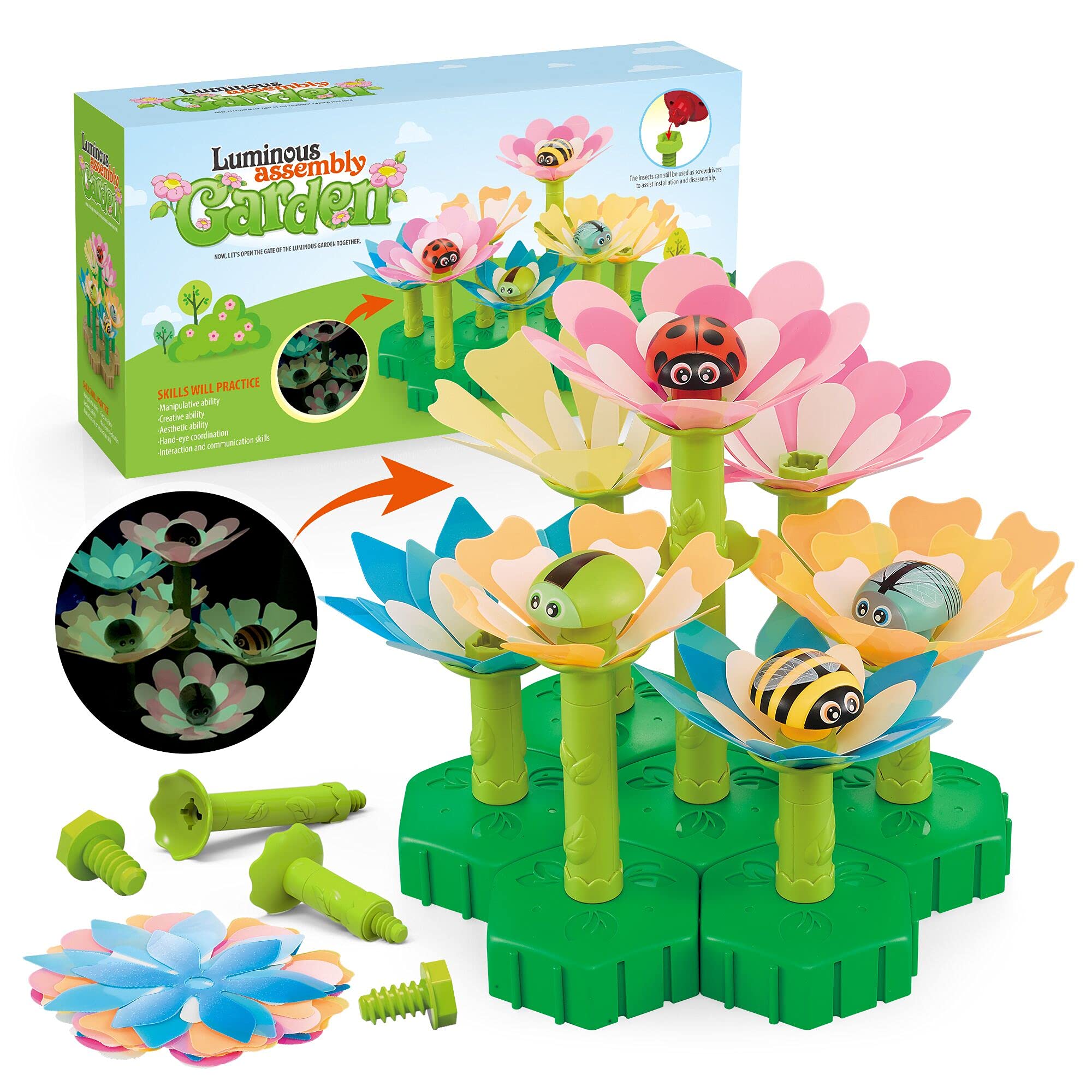 HamburBaby Luminous Assembly Garden Flower Building Toys, Take Apart & DIY Educational Activity Play Set, Glow in The Dark, Develop STEM Ability, for Preschool Boys Girls Ages 3+ (Green)