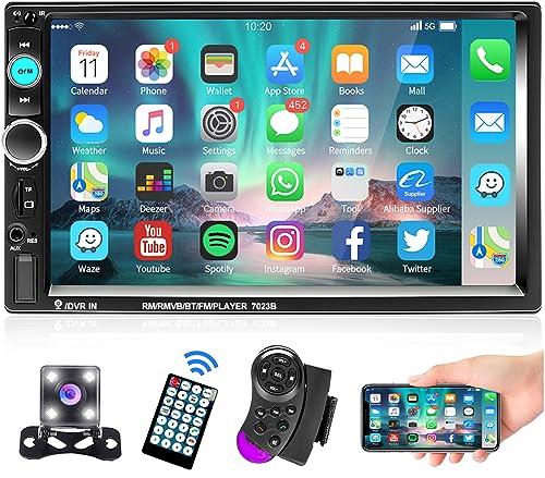 Double Din Car Stereo with Bluetooth and Backup Camera 7 inch HD Touchscreen Multimedia Car Audio Receivers Support FM USB TF Card AUX-in Mirror Link+Remote Control+Wireless Steering Wheel Control