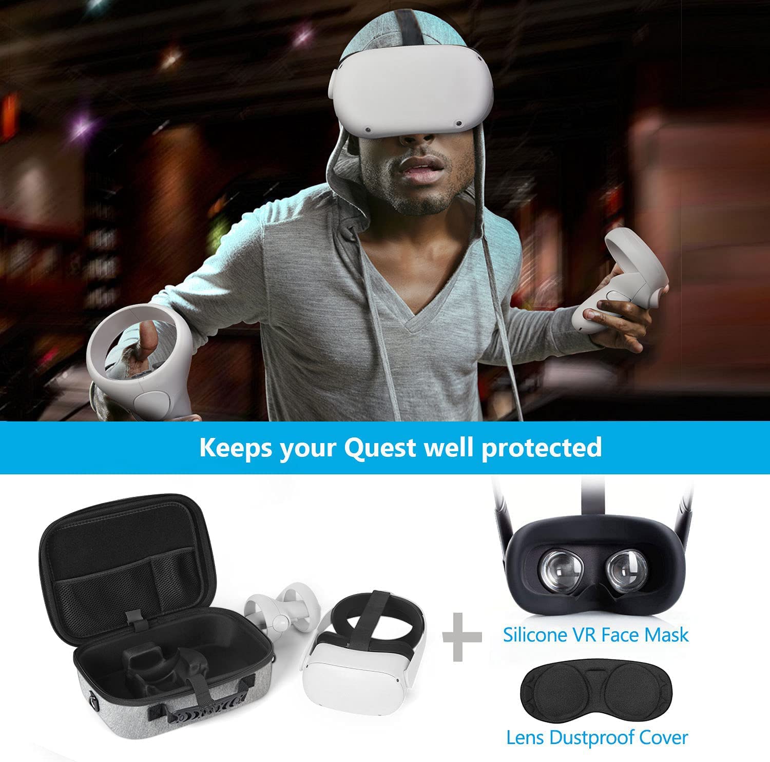 JSVER Hard Case for Meta/Oculus Quest 2 Carrying Case For Meta Quest 2 Accessories, Controllers, Battery, Elite Strap Includes Shoulder Strap, Silicone VR Face Mask, Lens Dustproof Cover (Gray)