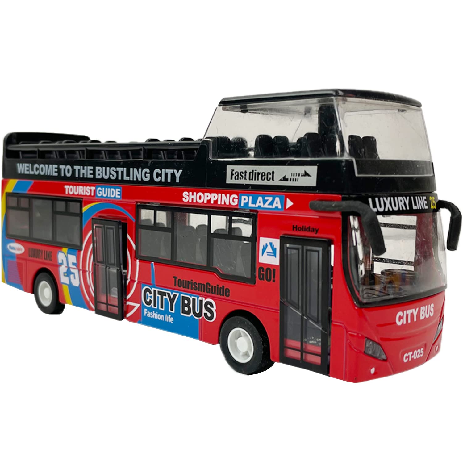 Liberty Imports 1:32 Scale Die Cast Sightseeing Tour Bus Toy Pull Back Vehicles | Mini Double Decker Tourist Open Top Bus Model Car | Pullback Action Toys with Lights and Music (Red)