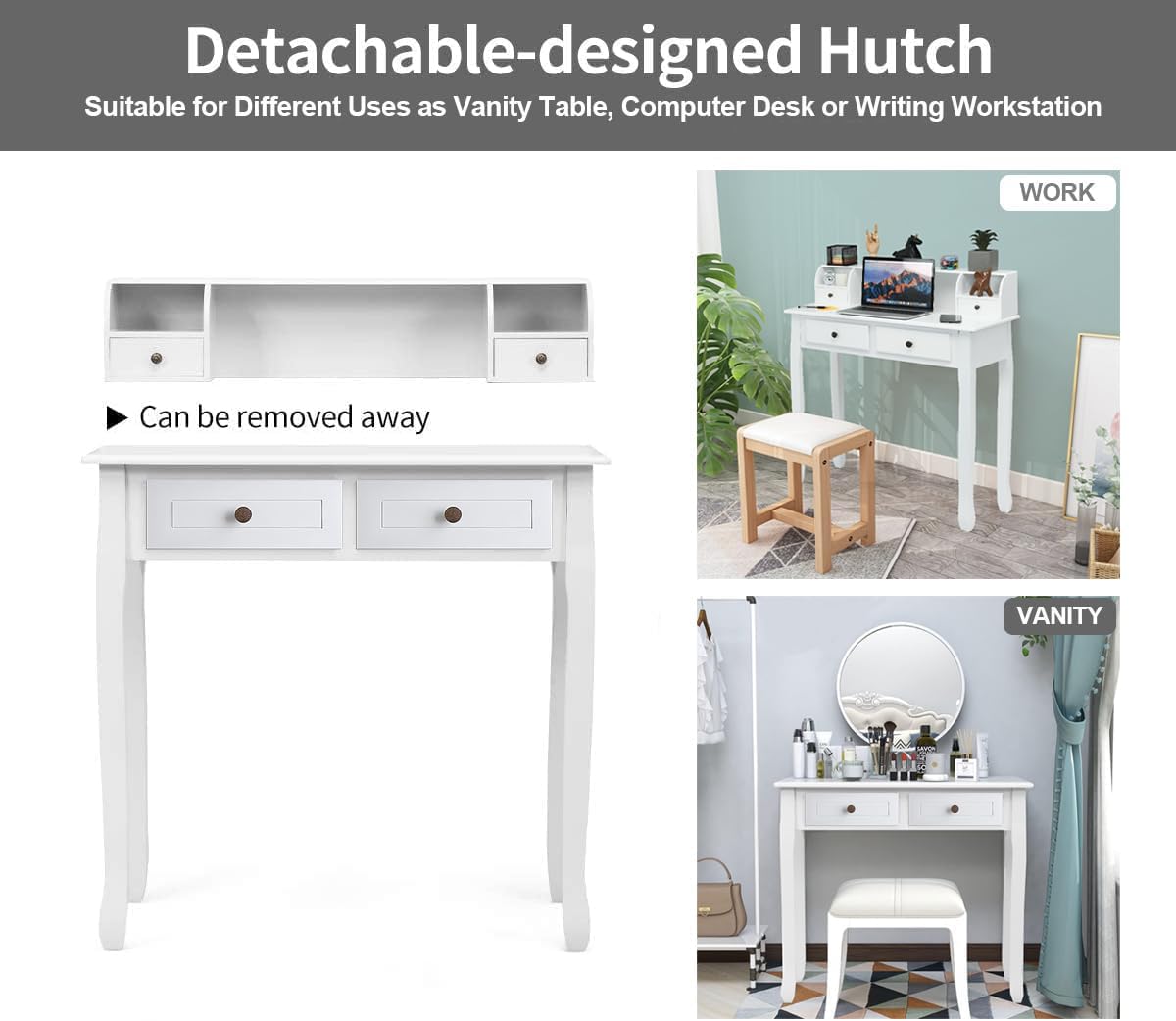 DMAITH Small Writing Desk with Hutch, 32 Inch Home Office Desk with Drawers, Study Table Computer Desk for Student, Vanity Makeup Dressing Table Save Space for Bedroom, White