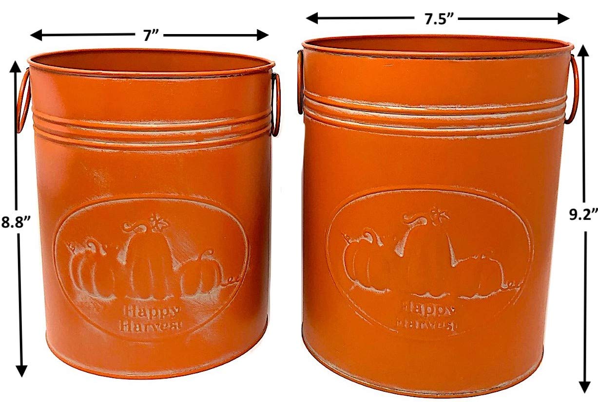 DNS Happy Harvest Buckets Large Metal Galvanized Burnt Orange Pumpkin Theme Containers Thanksgiving Fall Decorative Organizer (Set of 2) 9.2" & 8.8"