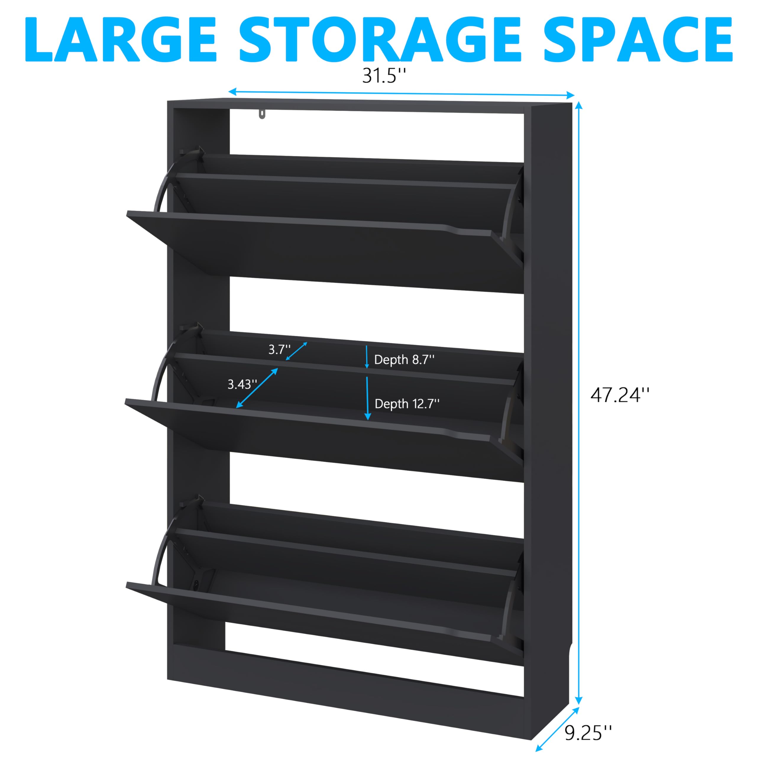 Wodeer Shoe Cabinet with 3 Flip Drawers,Wood Entryway Shoe Storage Cabinet,Freestanding Shoe Rack Storage Organizer for Entryway, Hallway, Black,9.33" D x 31.5" W x 47.2" H