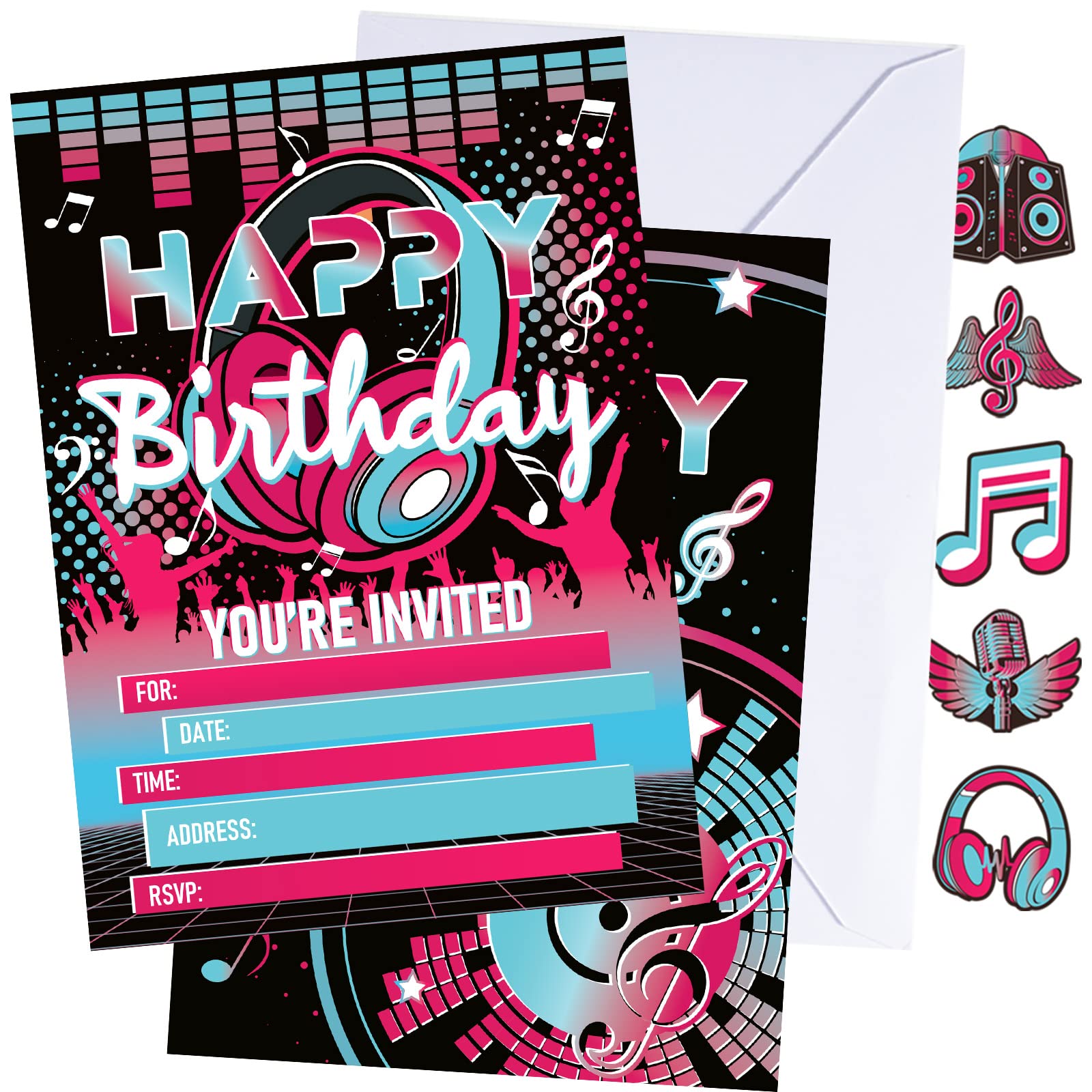 Pajean 30 Pack Music Birthday Party Invitations Dance Party Invite Cards with Envelopes Stickers Halloween Glow in the Dark Party Supplies Favors