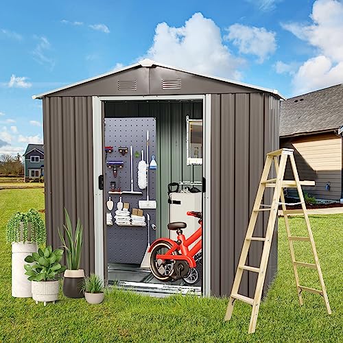 FRANSOUL 8ft x 4ft Outdoor Storage Shed with Lockable Sliding Doors,Metal Tool Shed with Anchorsï¼ŒHooks and Shelf, Garden Shed Organizer for Yard Patio Lawn Deck,Easy to Assemble,Gray