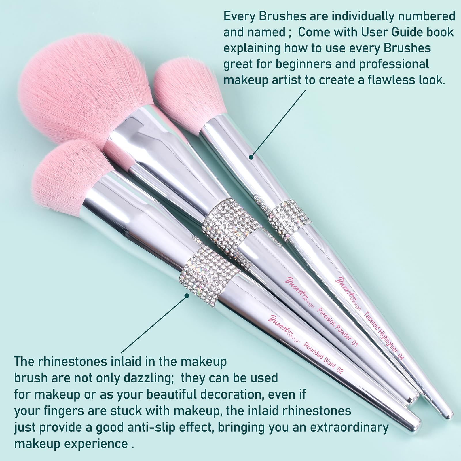 Bueart Design Elegant pink Ultra soft labeled Makeup Brushes Sets with Brush Holder makeup brush set with Foundation Powder blush blending contour Brush (15Pcs Silver Pink+Holder)