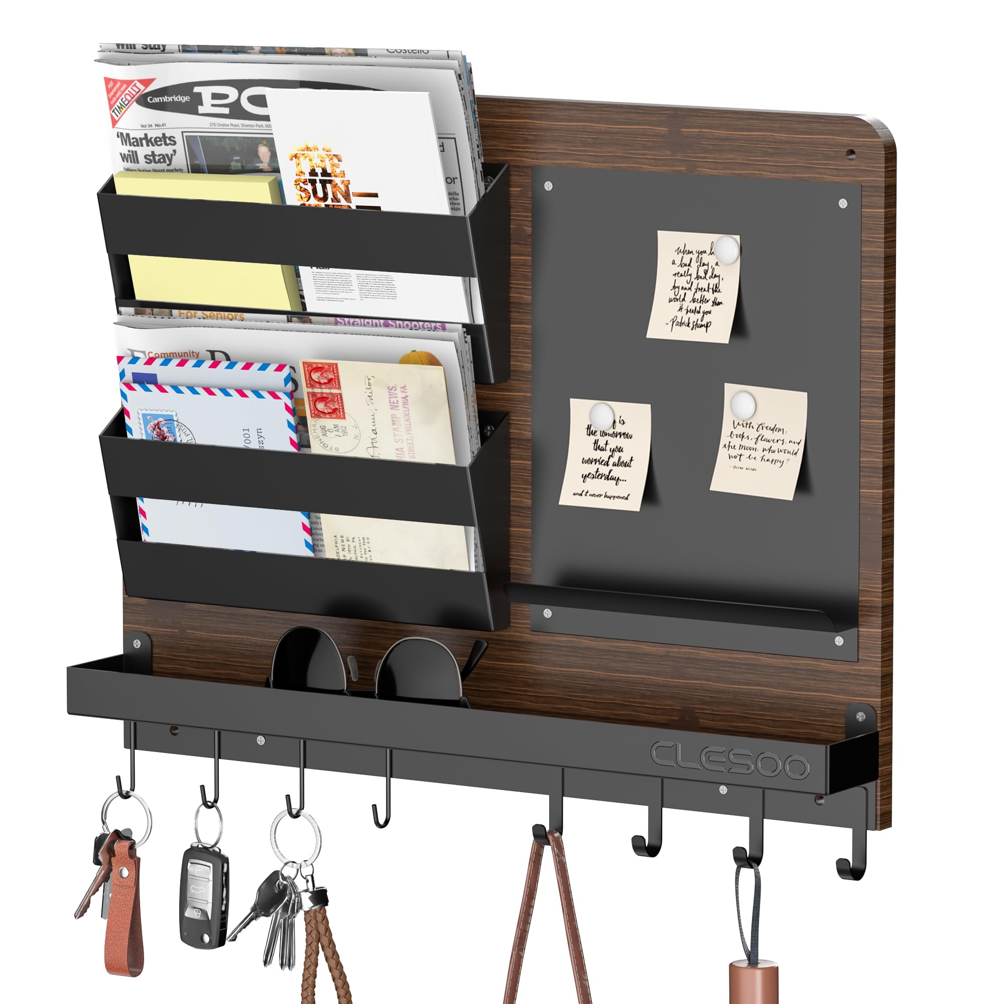 CLESOO Key and Mail Holder for Wall Mount - 8 Key Hooks Mail Organizer Wall Mount with 2 Mail Holders, Magnetic Board, Floating Shelf - Key Rack Hanger Home Decorative for Entryway Hallway Letter