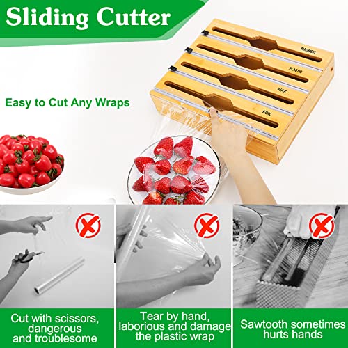 Foil and Plastic Wrap Organizer, 4 in 1 Plastic Wrap Stretch Film Dispenser with Cutter for 12'' Rolls, Storage for Parchment, Wax Paper, Bamboo Roll Organizer Holder for Kitchen Drawer