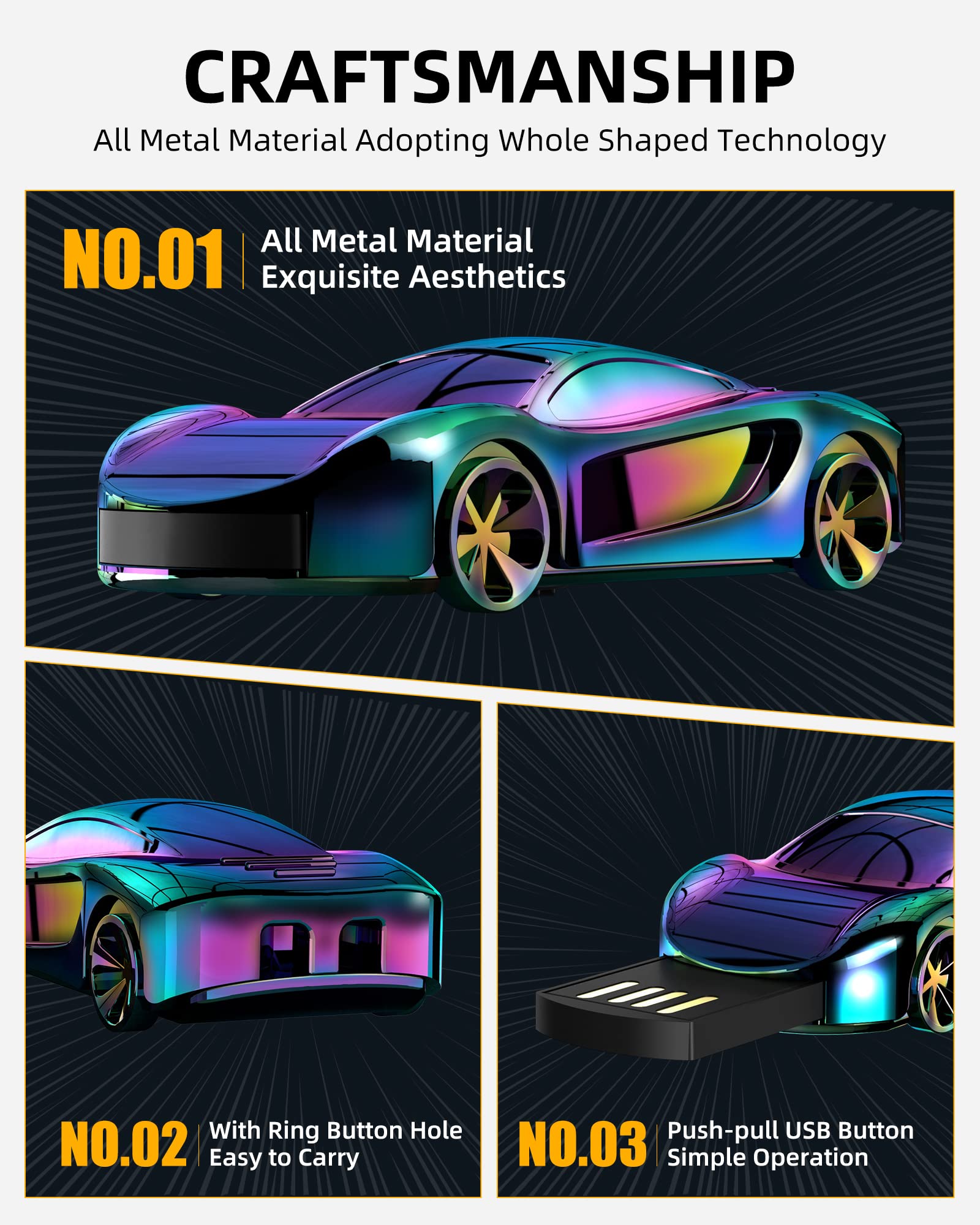 Bilious 128GB Flash Drive Sports Car Series Metal Waterproof USB 2.0 Thumb Drive Memory Stick Small Size USB Drive Gift