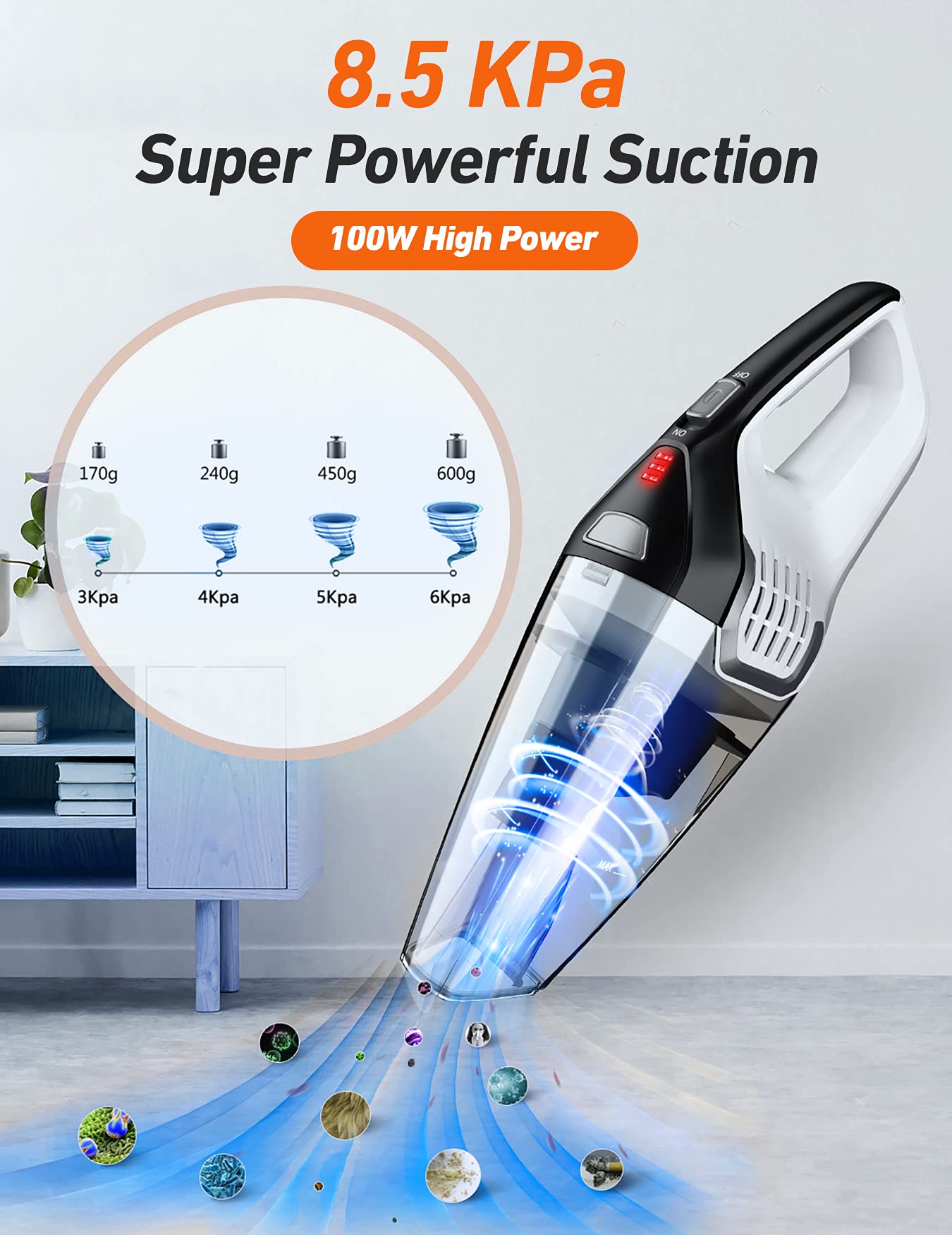 Handheld Vacuum Cordless Rechargeable, 8500Pa Powerful Handheld Vacuum Cleaner for Wet&Dry Use, Portable Handheld Vacuum Cleaner for Car/Home/Pet Hair Cleanup, Vac with Charging Dock&2 HEPA Filters