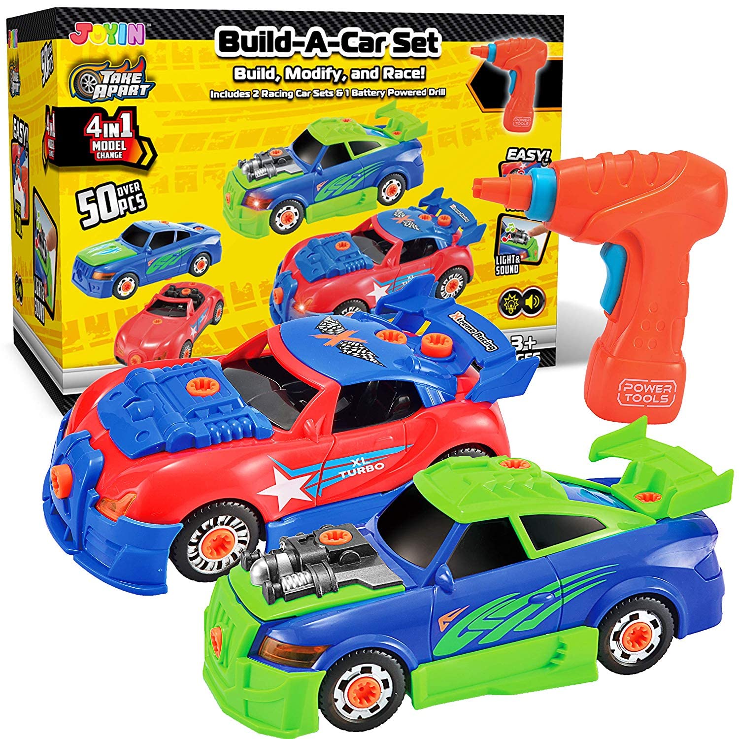 JOYIN Take Apart Toy Racing Car Construction Toys Build Your Own Race Car Set with Light and Sound Real Working Drill and Screws Over 50 Pieces Construction Vehicle Car Toy