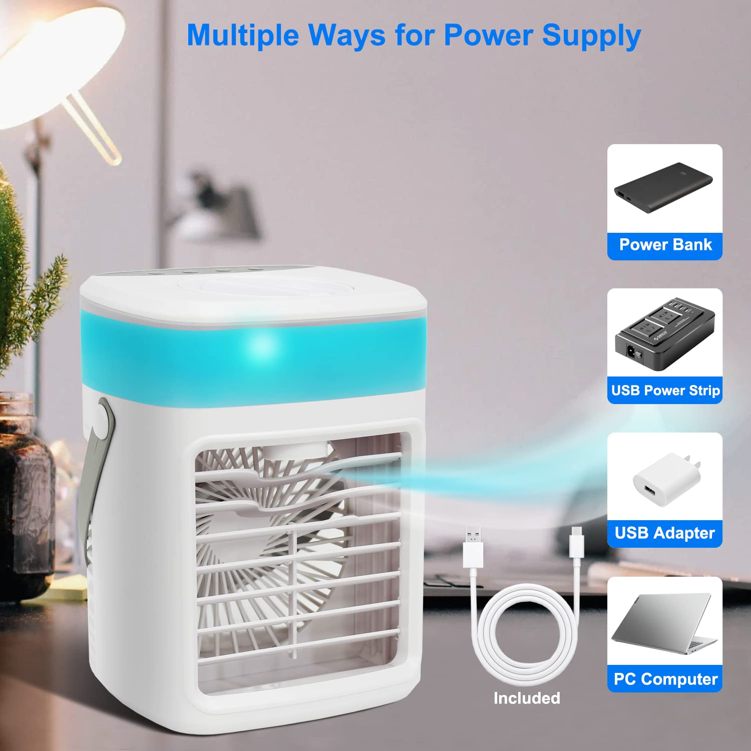 Houselyla Portable Air Conditioner Fan, Cooling Desk Fan Humidifier with 3-speed, Rechargeable Protable Fan 7 Colors and Misting Fast Cooling Desktop Fan for Home, Room, Office