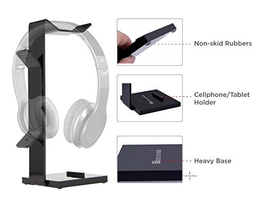 GeekDigg Headphone Stand Gaming Headset Holder for Desk Cable Organizer & Cellphone Stand for All Headphones Size Headphone Holder Set Gaming PC Accessories Gaming Station β Black