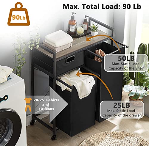 CUANBOZAM Laundry Hamper Cart, 130L Laundry Basket Laundry Sorter 2 Section, Removable Laundry Bags, Pull-Out Laundry Sorter, Metal Frame, Clothes Hamper for Bathroom, Dorm, Laundry Room