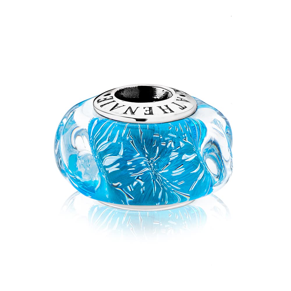 ATHENAIE Murano Glass 925 Sterling Silver Blue Glittering Ocean Wave Charms Beads for Bracelet Christmas Gift