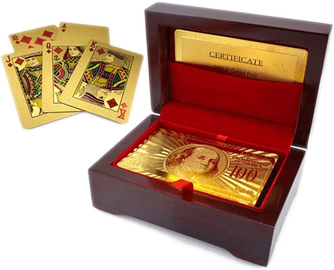 Gold Plated Playing Cards Poker with Wooden Gift Box Case Make Your Magic Tricks More Luxurious & Creative for Family & Friend