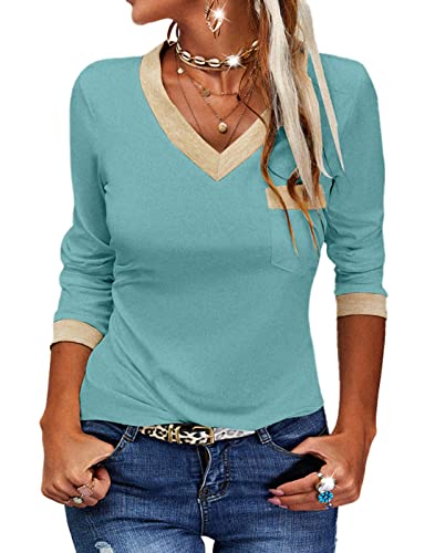 Dyexces Womens Long Sleeve T Shirts Casual V Neck Color Block Tunic Tops Loose Basic Top Lake Green