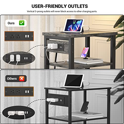 Cyclysio End Table Set of 2 with Charging Station, 3 Tier Small Nightstand with Storage Shelf, Slim Side Table with USB Ports & Outlets, Modern Sofa Bedside Table for Bedroom, Living Room, Gray Oak