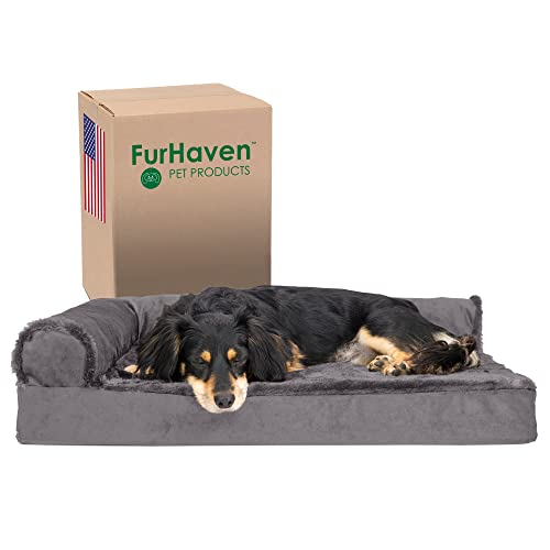 Furhaven Orthopedic Dog Bed for Medium/Small Dogs w/ Removable Bolsters & Washable Cover, For Dogs Up to 35 lbs - Plush & Velvet L Shaped Chaise - Platinum Gray, Medium