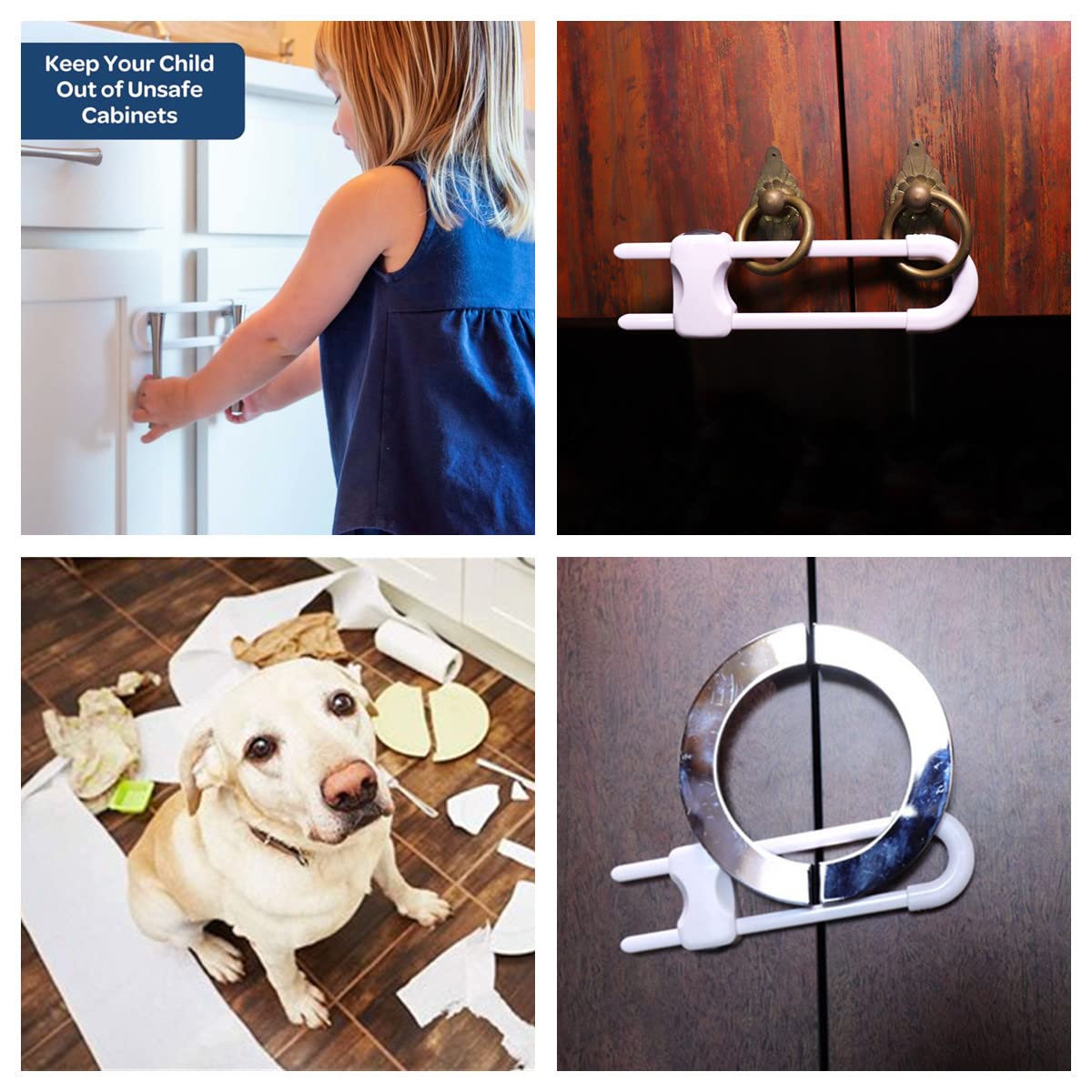 Baby Proofing Sliding Cabinet Locks - 4 Pack Adjustable U Shaped Child Safety Locks,Childproof Latches for Kitchen Bathroom Storage Cupboards Doors, Handles and Knobs (White)