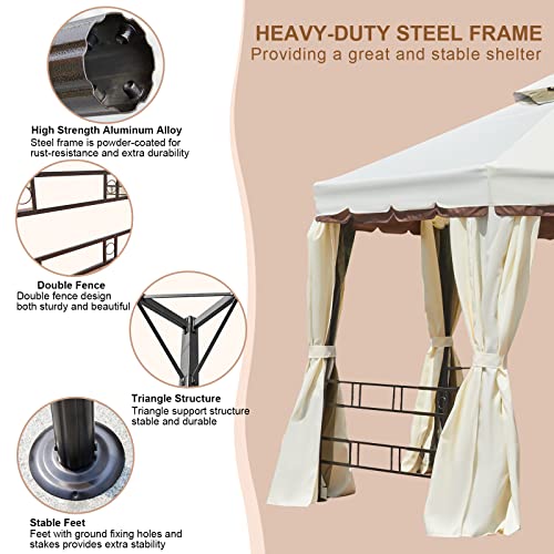 Erommy 12FT Outdoor Canopy Gazebo Hexagonal, Double Roof Patio Gazebo Steel Frame Pavilion with Netting and Shade Curtains for Garden,Patio,Party Canopy, Cream