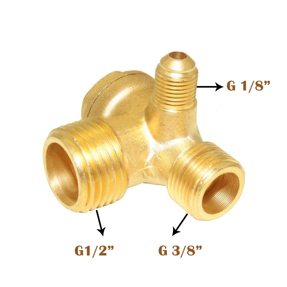 Joywayus 3-Way Brass Male Threaded Air Compressor Check Valve Central Pneumatic G1/2"xG3/8"xG1/8"