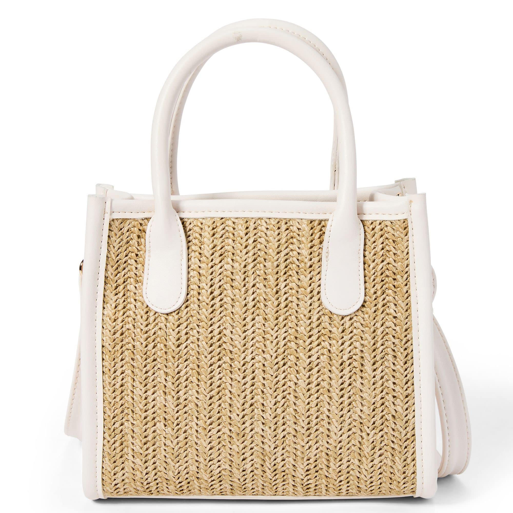 Like Dreams Women Fashion Crossbody Woven Straw Inner Polka Vegan Leather Summer Top Handle Purse (Ivory)