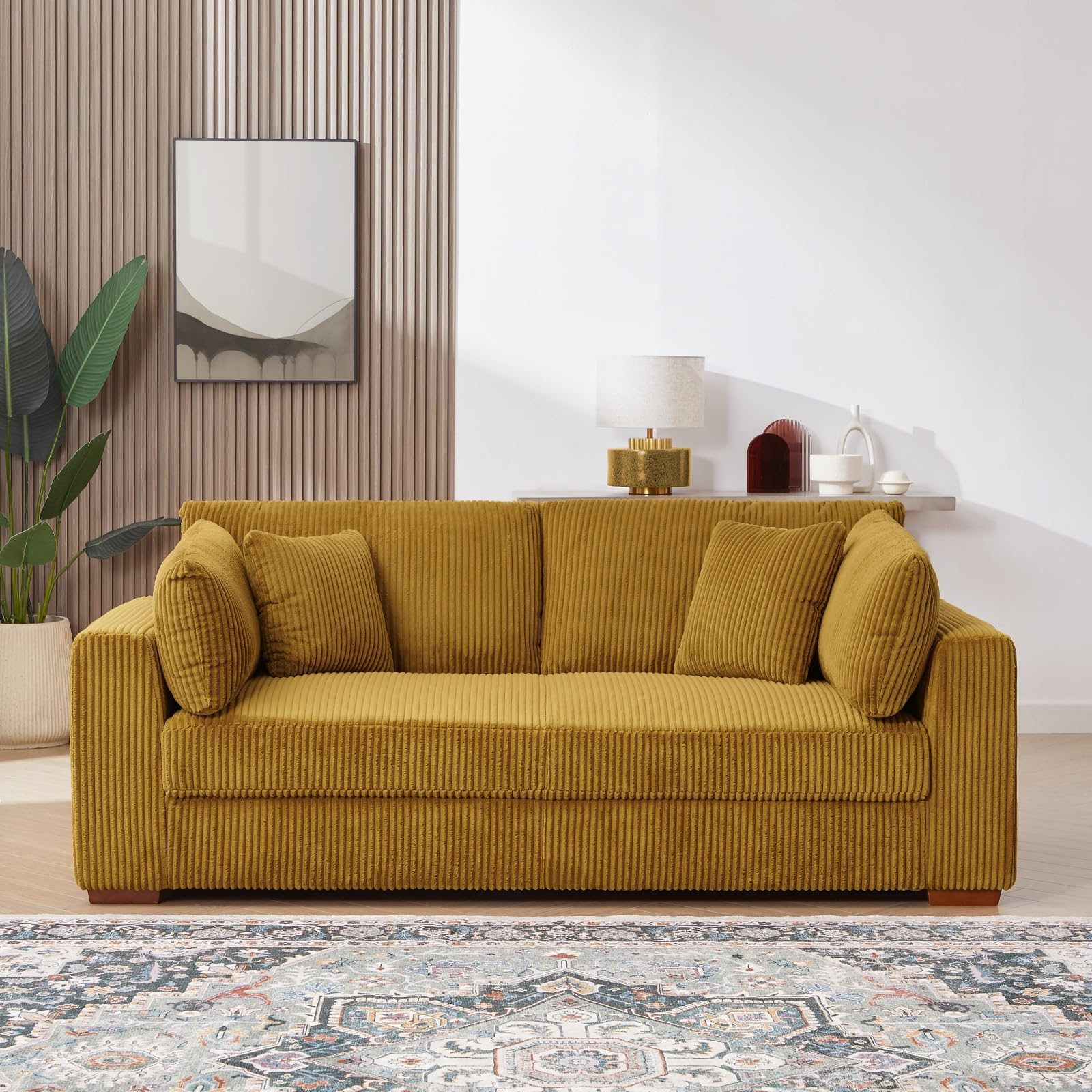 Chorlenimi Modern Upholstered Sofa, Soft Corduroy Fabric 3 Seater Small Couch with Armrest, 4 Pillows, Removable Back and Seat Cushions for Living Room and Bedroom (Yellow)