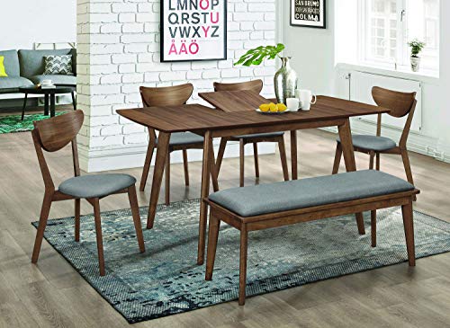 Coaster Furniture Aldredo Mid Century Modern Wood Dining Bench Upholstered Padded Seat Cushion Gray Fabric Walnut 108083