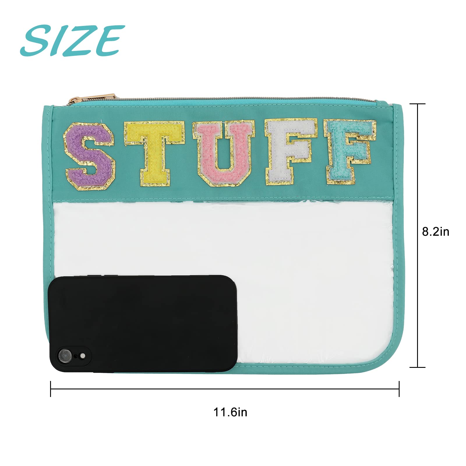 BCRMPT Chenille Letter Bag Clear Flat Pouch,Multi-purpose PVC&Nylon Clear Cosmetic Bags,Travel Makeup Bag With Zipper For Women,Clear Pouches for Travel,Gym,Beach (Green-Stuff)