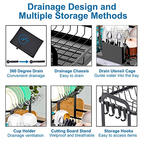 Dish Drying Rack Drainboard Set - with Swivel Spout, 2 Tier Large Capacity Rustproof Dish Rack with Cups Holder, Utensil Holder, Cutting Board Rack, 4 Hooks, Dish Drainer for Kitchen Counter