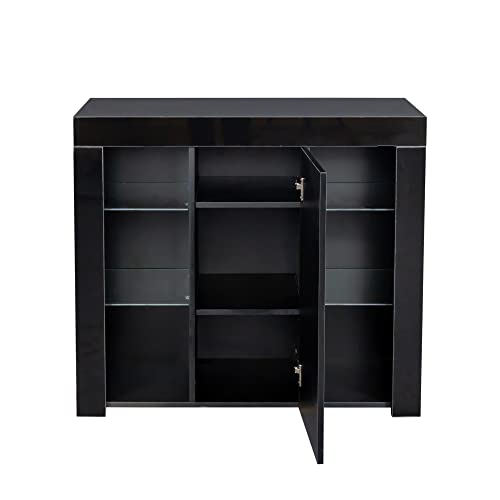 BUTURCAR Kitchen Buffet Storage Cabinet, Modern Dining Room Sideboard Cabinet, Hallway Living Room Display Cabinet - Black High Gloss Buffet Cabinet with Storage, Door, and LED Light
