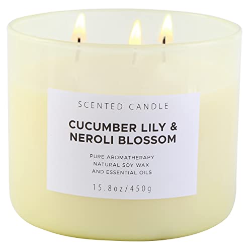 Cucumber, Lily of The Valley & Neroli Blossom Luxury 3-Wick Candle | Large Scented Candles for Home 15.8 oz | Relaxing Aromatherapy Stress Relief Candles | Natural Soy Candles for Women & Men
