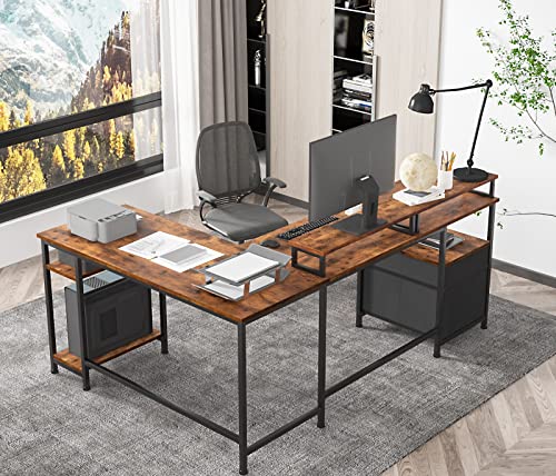 Furologee 66" L Shaped Computer Desk with Shelves, Corner Gaming Desk with File Drawer and Dual Monitor Stand, Large Home Office Desk Writing Study Table Workstation, Rustic Brown