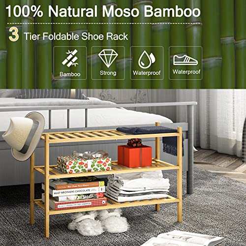 Furshus 3-Tier Bamboo Shoe Rack for Entryway, Stackable | Heavy Duty | Multi-Function, Free Standing Shoe Racks for Bedroom Hallway Closet