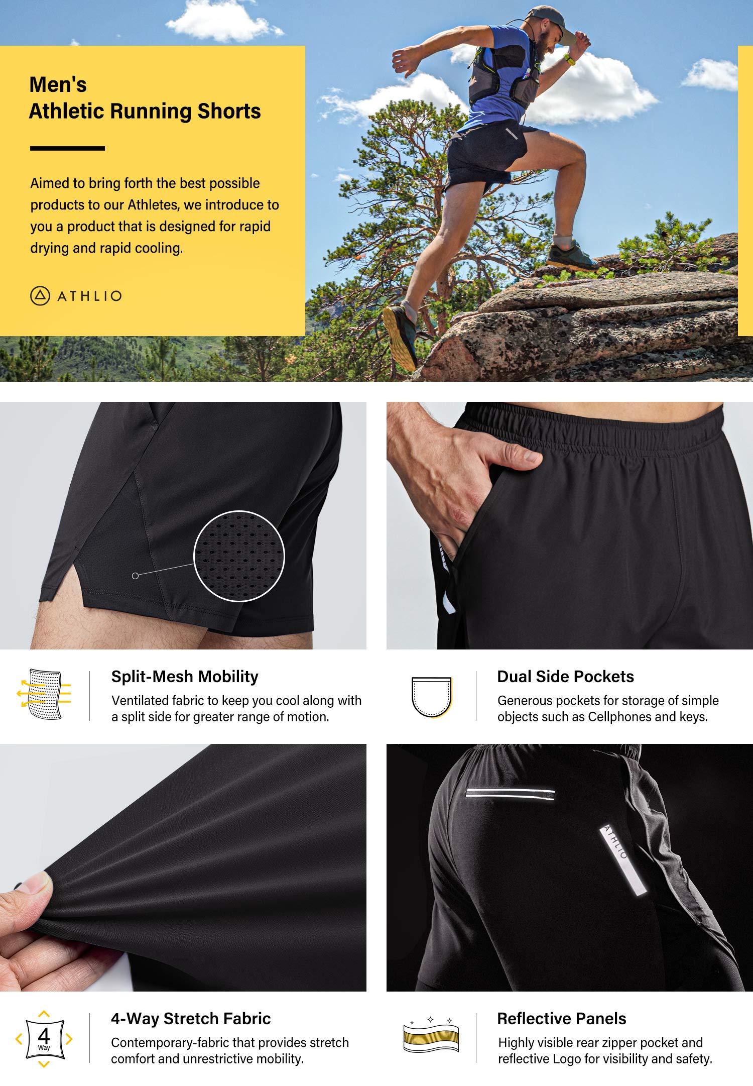 ATHLIO Men's Active Running Shorts, Exercise Workout Shorts, Quick Dry Mesh Sports Athletic Shorts with Pockets, 5 Inches Black/Navy, Large