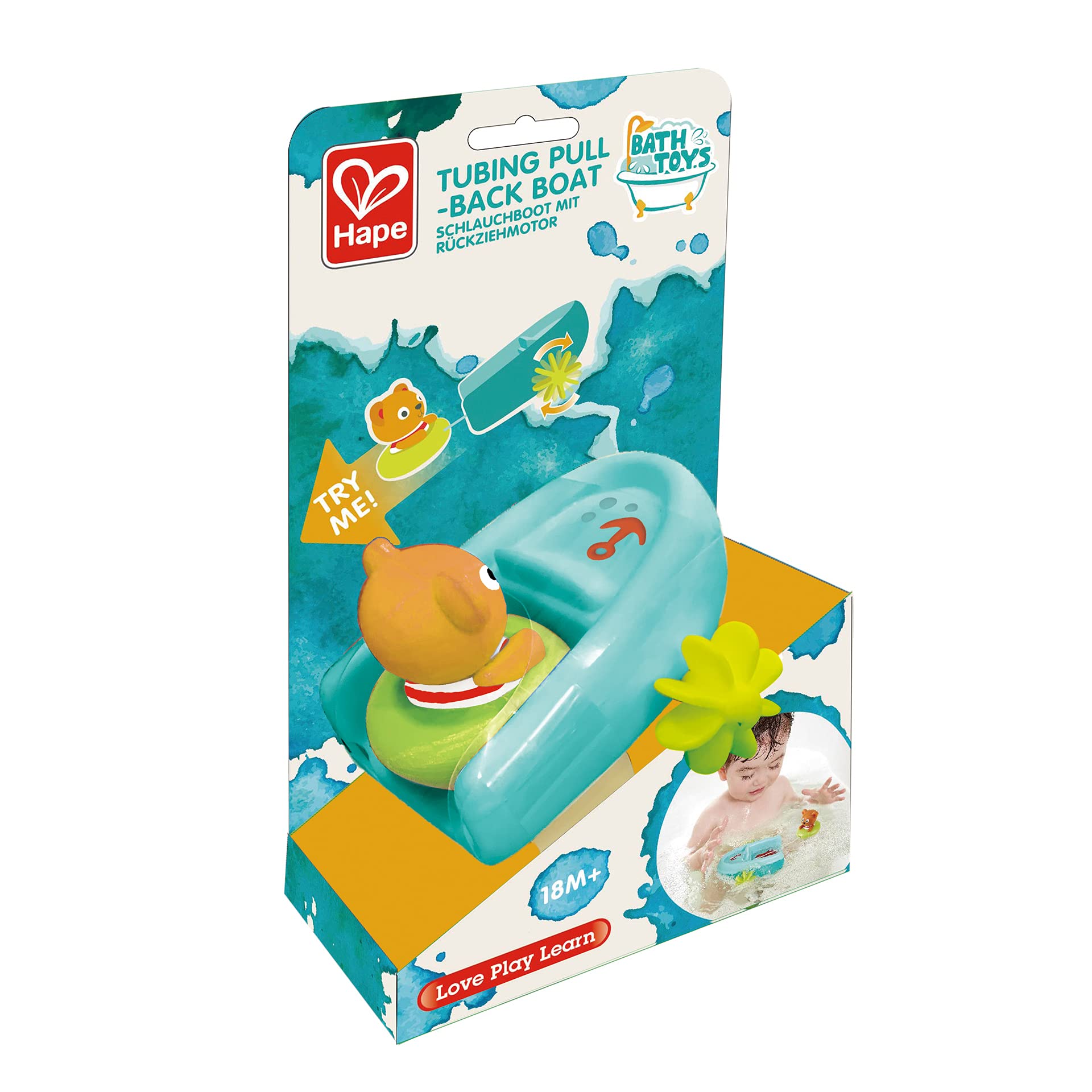 Hape Tubing Pull-Back Boat Bath Toy| Teddy Bear Floating Paddle Boat Bath Toy| Bathtub Shower Toy for Toddlers
