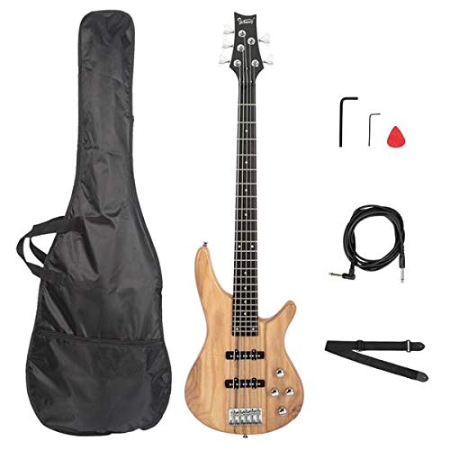 Bass Glarry GIB Electric 5 String Bass Guitar Full Size Bag Strap Pick Connector Wrench Tool Burlywood